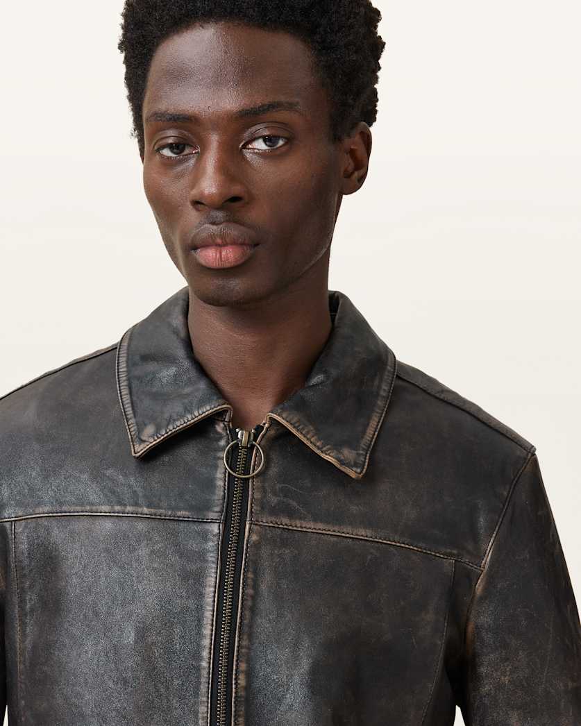 Alkan Zip Up Two Tone Leather Jacket Vintage Black | ALLSAINTS US
